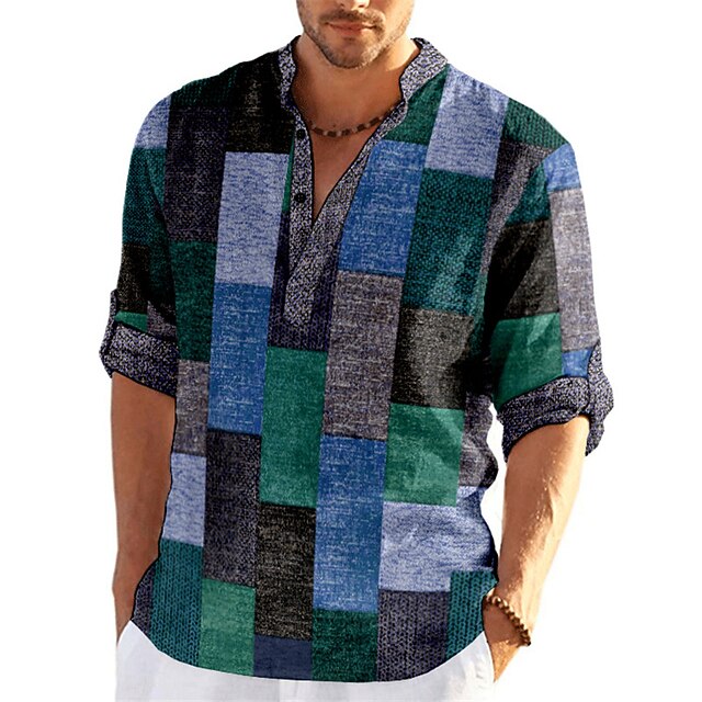 Men's Plaid / Check Patchwork Geometric Pattern Shirt Button Up Shirt ...