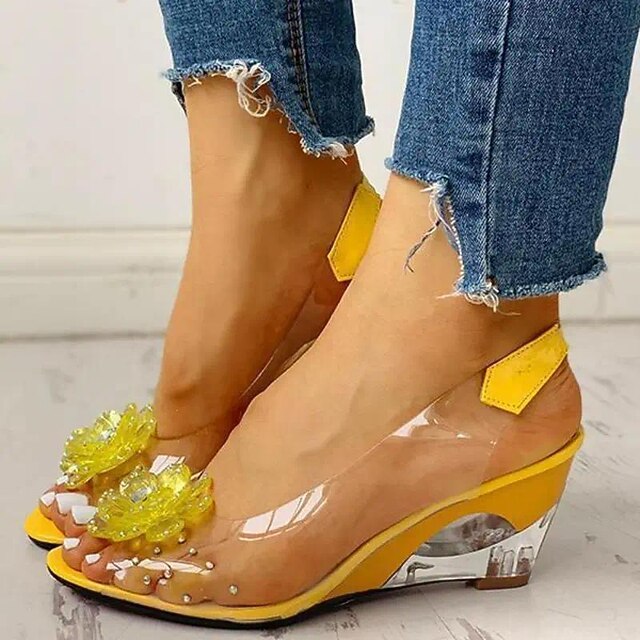 Women's Transparent Wedge Sandals with Floral Rhinestone Decoration ...