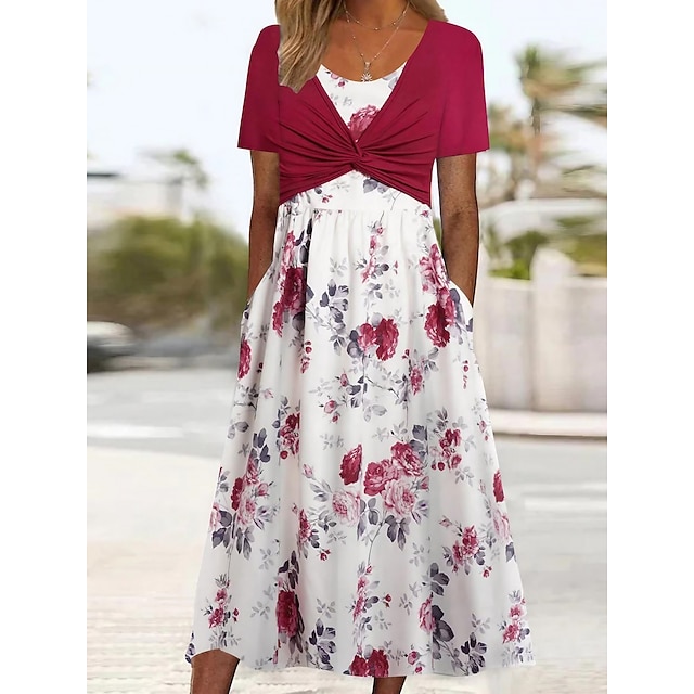 Dames Gewone jurk Zomerjurk Jurk met print Bloemig Lapwerk Zak Strakke ronde hals Halflange jurk ...