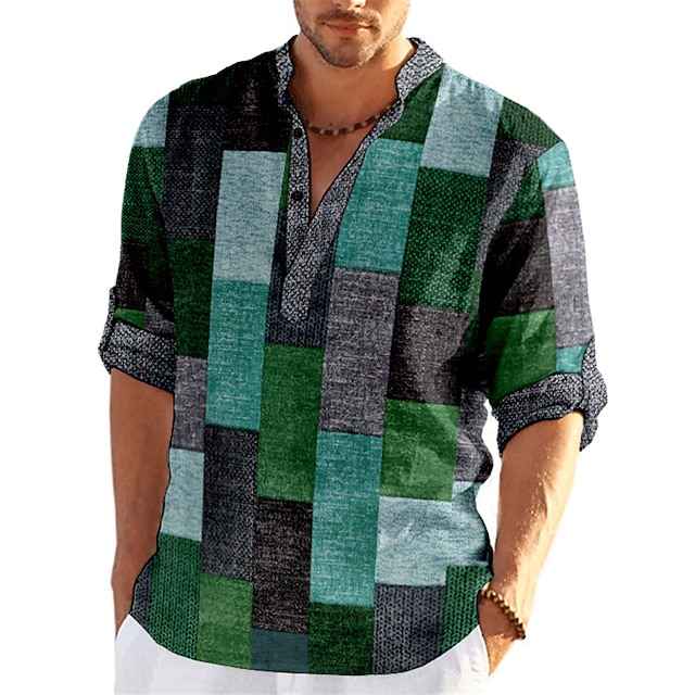 Men's Plaid / Check Patchwork Geometric Pattern Shirt Button Up Shirt ...