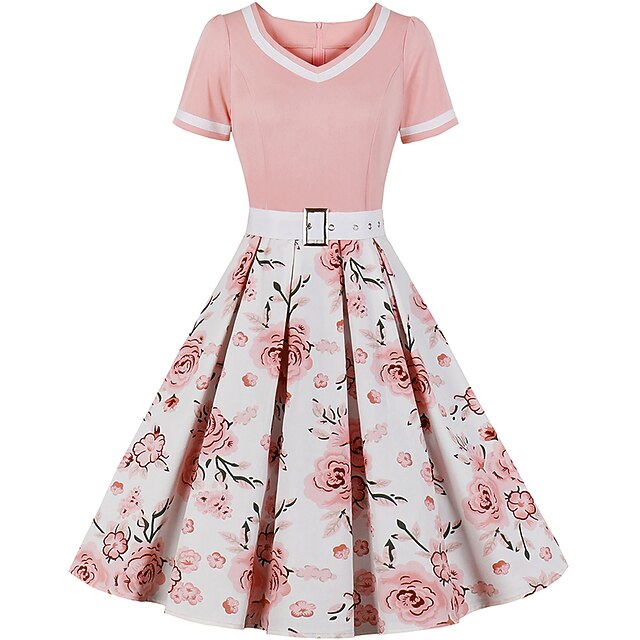 Retro Vintage 1950s Midi A-Line Dress Rockabilly Swing Dress Floral A ...