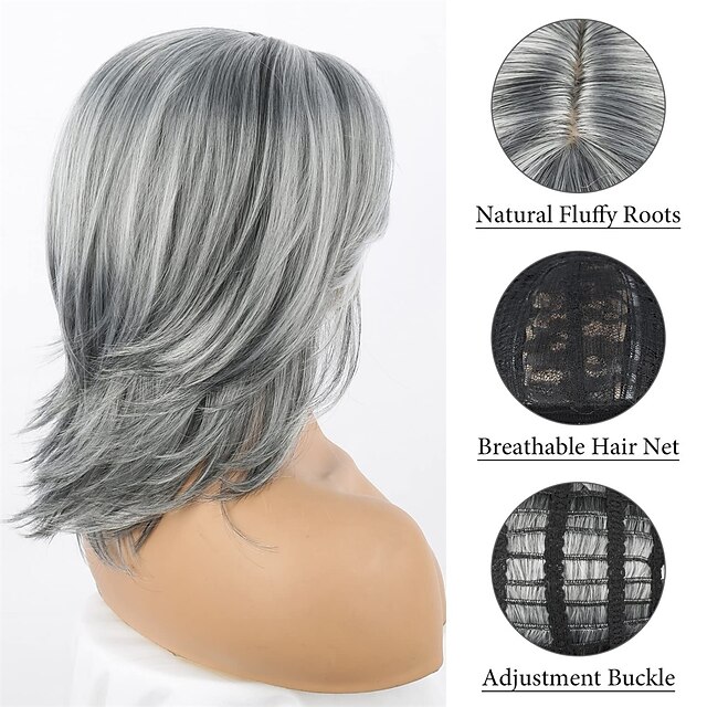 Silver Gray Ombre Layered Wigs with Curtain Bangs for Women Synthetic ...