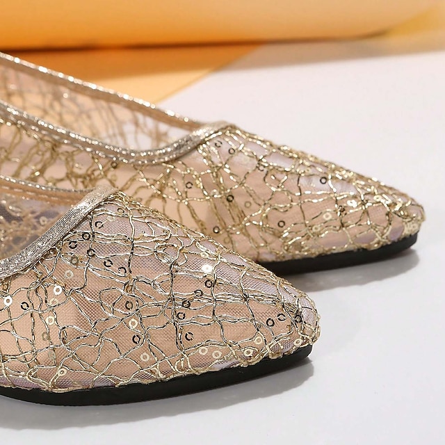 Women's Silver Sequin Mesh Ballet Flats – Elegant Pointed-Toe Flats ...