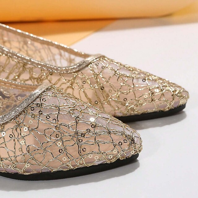 Women's Silver Sequin Mesh Ballet Flats – Elegant Pointed-Toe Flats ...