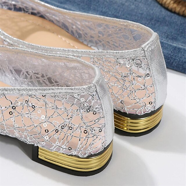 Women's Silver Sequin Mesh Ballet Flats – Elegant Pointed-Toe Flats ...
