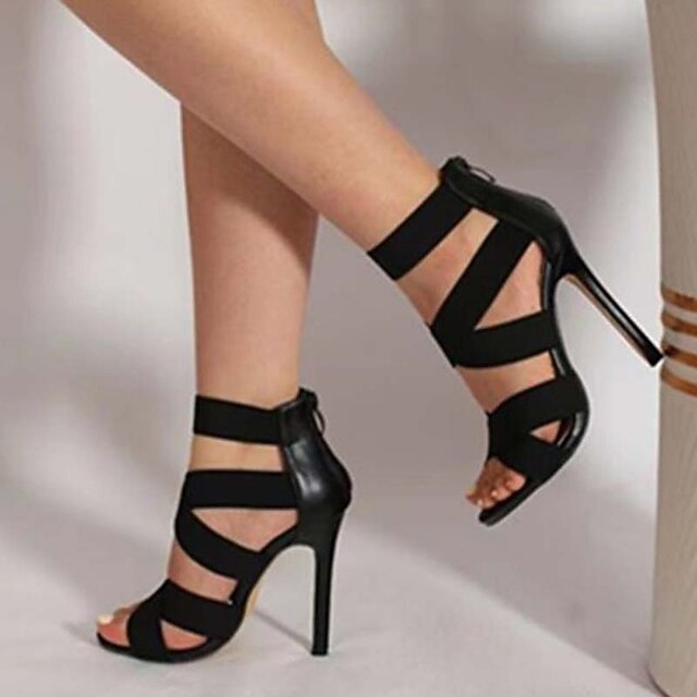 Women's Black Strappy Stiletto Heels – Open Toe, Back Zipper, Elegant ...
