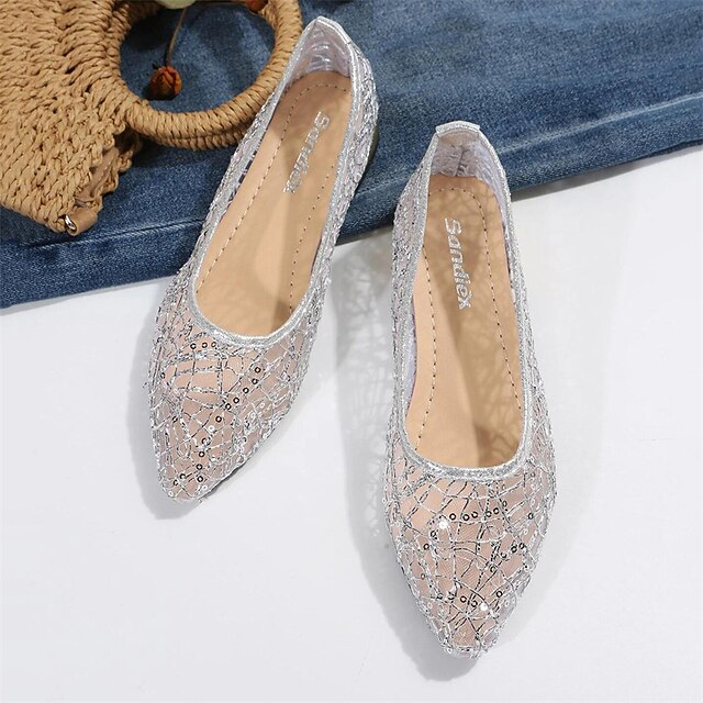 Women's Silver Sequin Mesh Ballet Flats – Elegant Pointed-Toe Flats ...