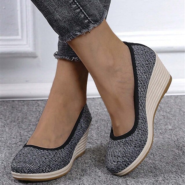 Women's Beige Woven Fabric Wedge Shoes – Comfortable Slip-On Platform ...