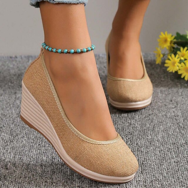 Women's Beige Woven Fabric Wedge Shoes – Comfortable Slip-On Platform ...