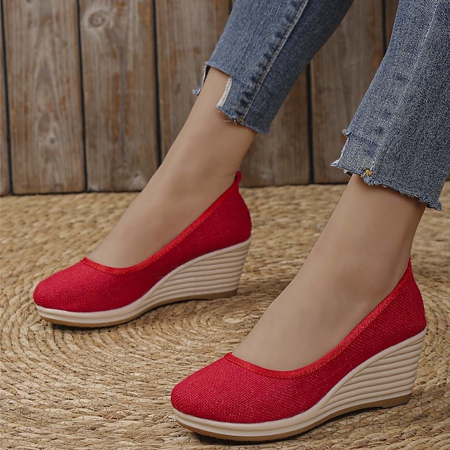 Women's Beige Woven Fabric Wedge Shoes – Comfortable Slip-On Platform ...