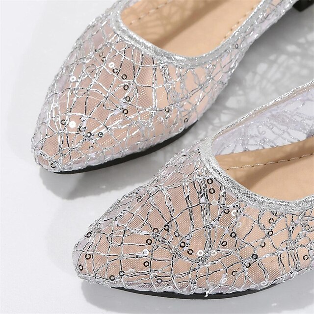 Women's Silver Sequin Mesh Ballet Flats – Elegant Pointed-Toe Flats ...
