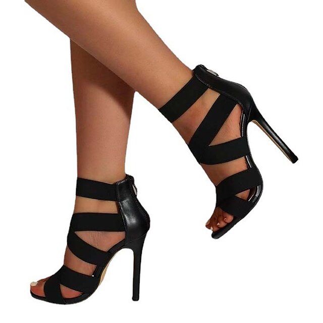 Women's Black Strappy Stiletto Heels – Open Toe, Back Zipper, Elegant ...
