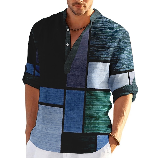 Men's Plaid / Check Patchwork Geometric Pattern Shirt Button Up Shirt ...
