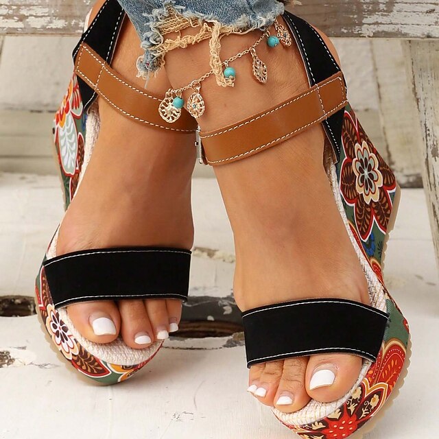 Women's Boho Floral Wedge Sandals – Open-Toe Platform Design with ...