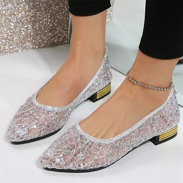 Women's Silver Sequin Mesh Ballet Flats – Elegant Pointed-Toe Flats ...