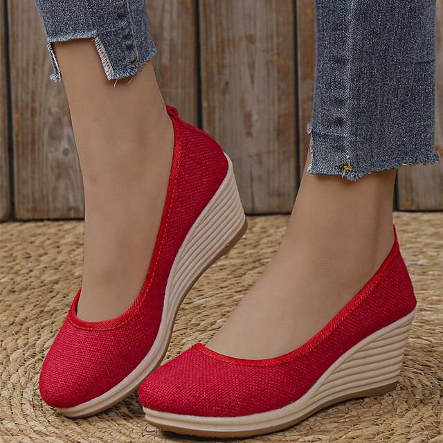 Women's Beige Woven Fabric Wedge Shoes – Comfortable Slip-On Platform ...