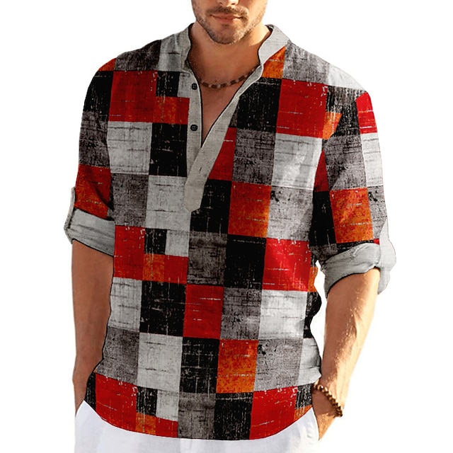 Men's Plaid / Check Patchwork Geometric Pattern Shirt Button Up Shirt ...