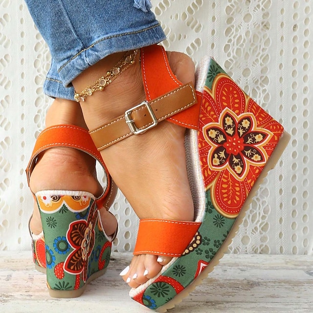 Women's Boho Floral Wedge Sandals – Open-Toe Platform Design with ...