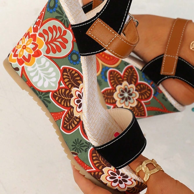 Women's Boho Floral Wedge Sandals – Open-Toe Platform Design with ...