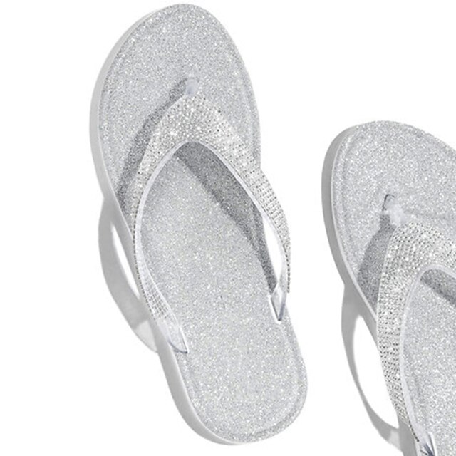 Women's Silver Glitter Flip Flop Sandals with Rhinestone Embellishments ...
