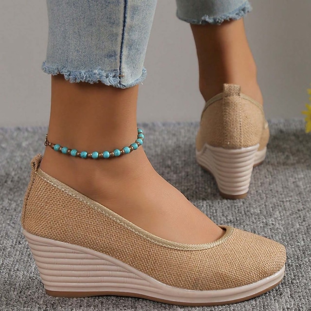 Women's Beige Woven Fabric Wedge Shoes – Comfortable Slip-On Platform ...