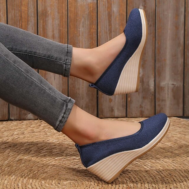 Women's Beige Woven Fabric Wedge Shoes – Comfortable Slip-On Platform ...