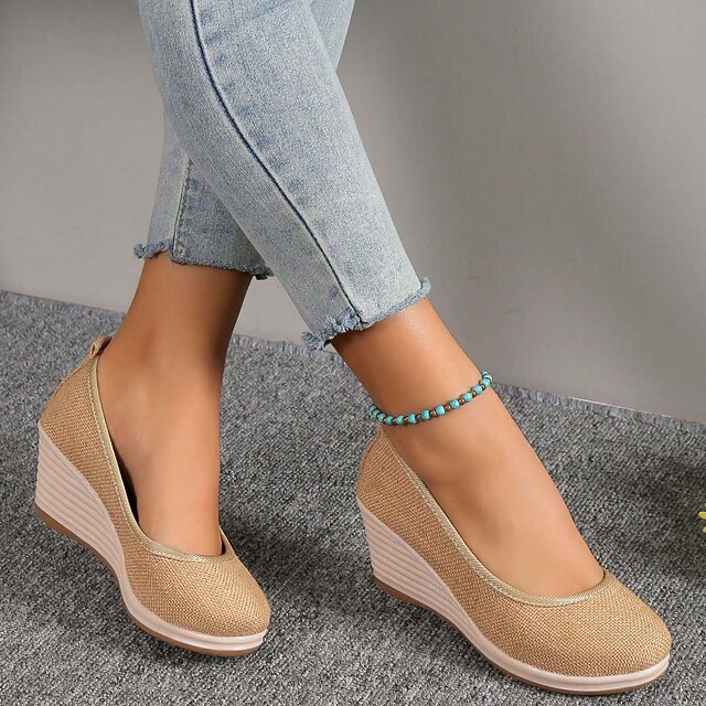 Women's Beige Woven Fabric Wedge Shoes – Comfortable Slip-On Platform ...