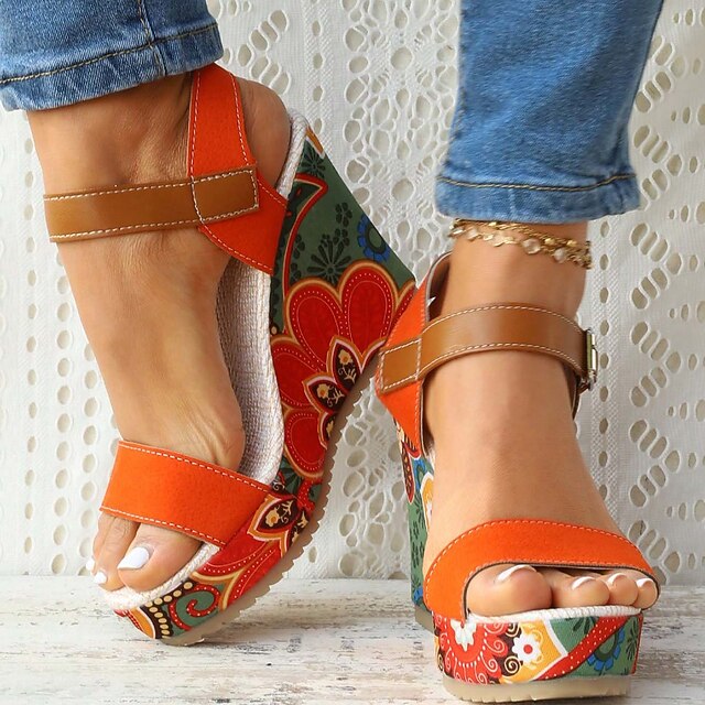 Women's Boho Floral Wedge Sandals – Open-Toe Platform Design with ...