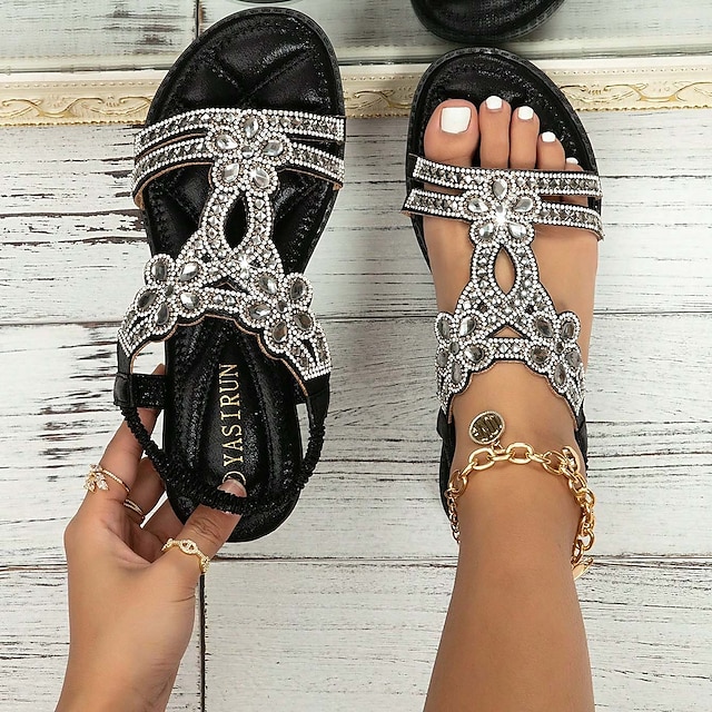 Women's Rhinestone Embellished Silver Sandals – Elegant Summer Flats ...