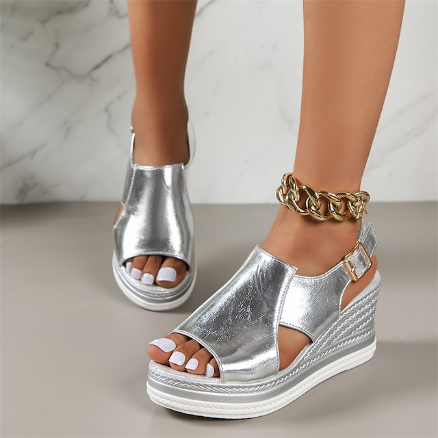 Women's Silver Metallic Open-Toe Wedge Sandals with Buckle Strap ...