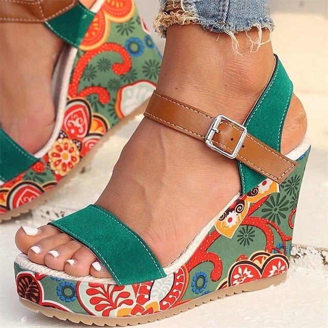 Women's Boho Floral Wedge Sandals – Open-Toe Platform Design with ...