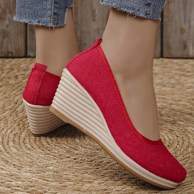 Women's Beige Woven Fabric Wedge Shoes – Comfortable Slip-On Platform ...