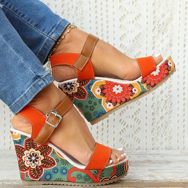 Women's Boho Floral Wedge Sandals – Open-Toe Platform Design with ...