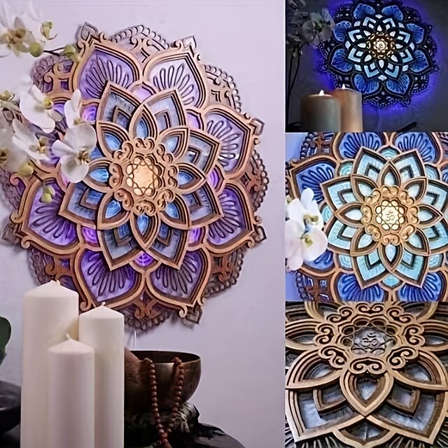 Mandala Night Light Wooden Decorative Lamp Yoga Room LED Night Light ...