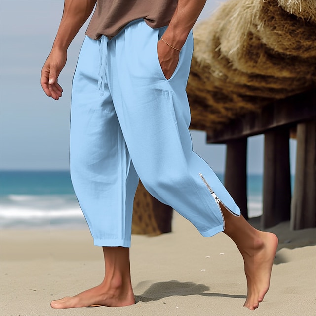 Men's Linen Pants Summer Pants Beach Pants Drawstring Elastic Waist Zip ...
