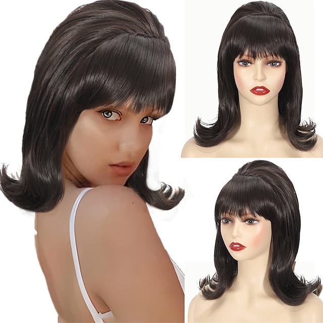 Daiaces Beehive Wig Retro Dark Brown 60s 70s Wig with Bangs Curly ...
