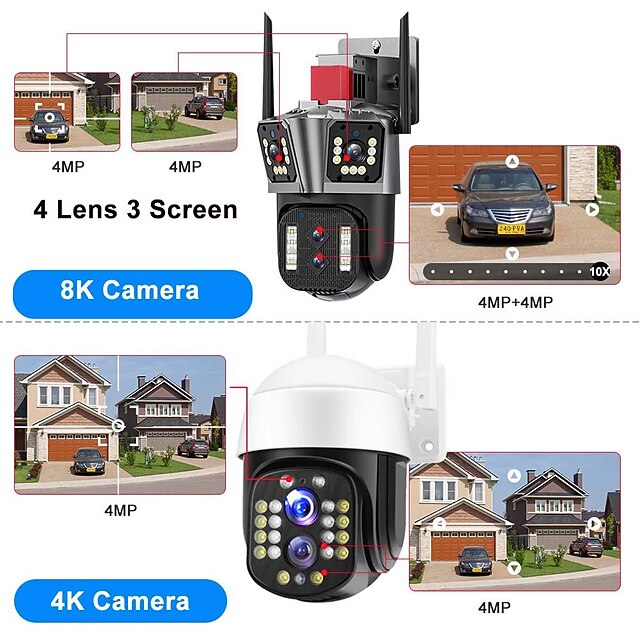 16MP 8K WiFi IP Camera 10X Zoom 4K Outdoor Security Camera Surveillance AI Track Four Lens Three ...