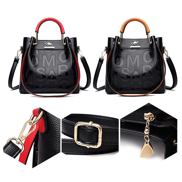 Women's Faux Leather Handbag with Embossed Letters and Red Handle ...