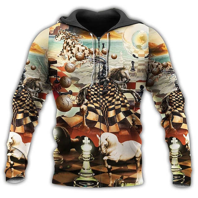 Men's Full Zip Hoodie Jacket Khaki Hooded Graphic Prints Zipper Print ...