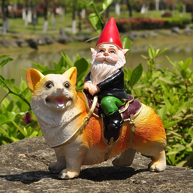 Funny Guy Garden Gnome Statue - Gnome Riding a Corgi - Indoor/Outdoor ...