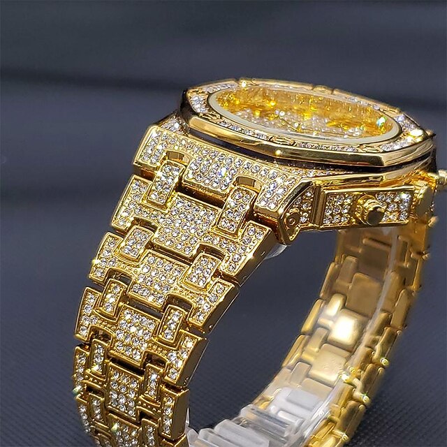 Gold Watch Gift for men Luxury Diamond Big Wrist Quartz Watches With ...