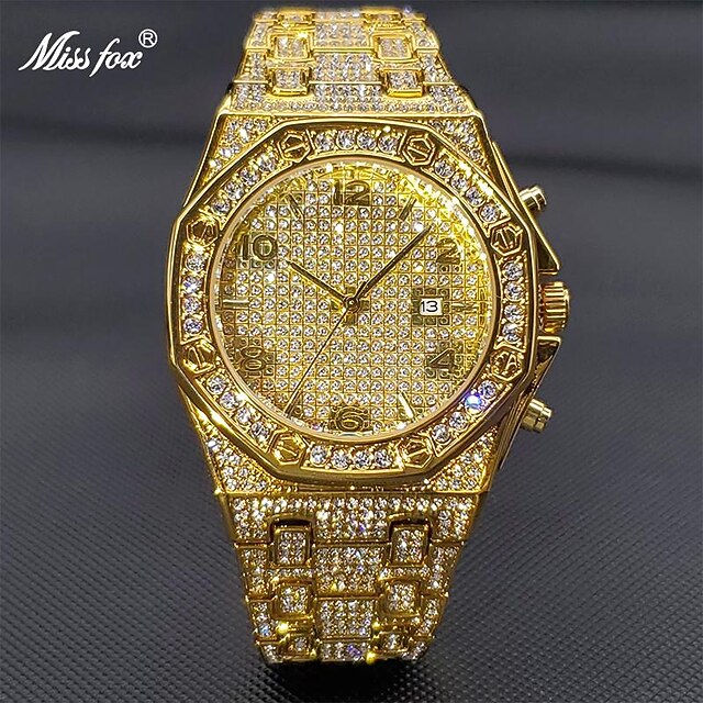 Gold Watch Gift for men Luxury Diamond Big Wrist Quartz Watches With ...