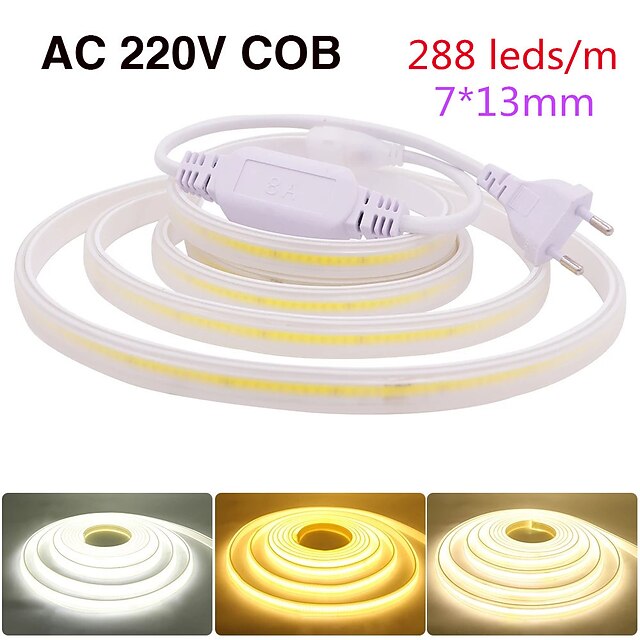 220V COB Led Strip Light With Power Plug 288LED/M Super Bright ...