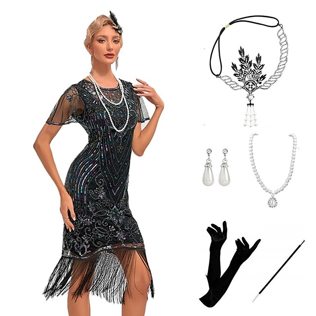 Roaring 20s 1920s Knee Length Short Length Flapper Dress Outfits Party ...