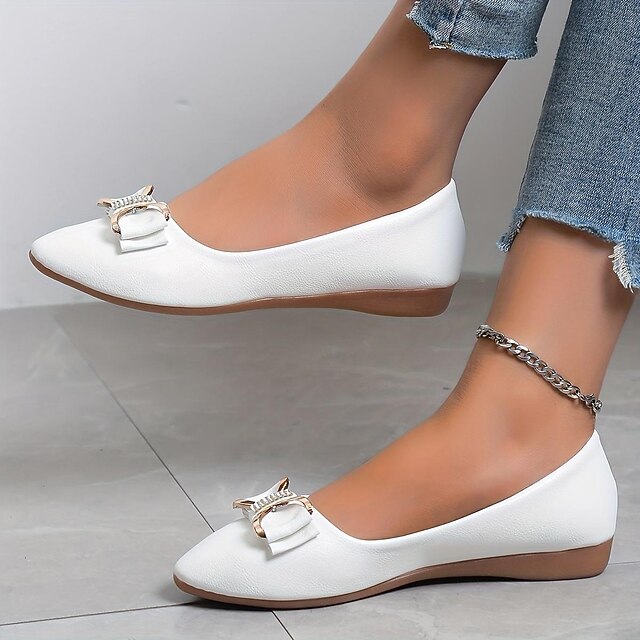 Women's White Pointed-Toe Ballet Flats with Bow and Metal Accent ...