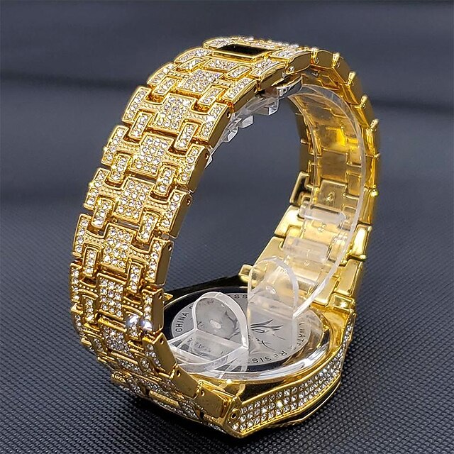 Gold Watch Gift for men Luxury Diamond Big Wrist Quartz Watches With ...