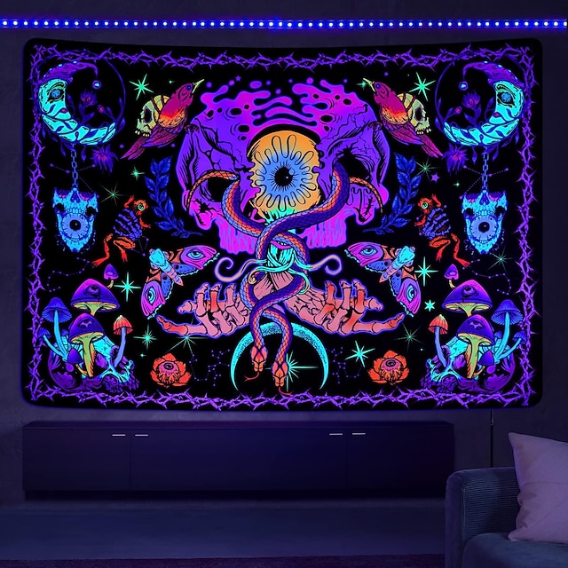 Halloween Skull Monster Blacklight Tapestry UV Reactive Trippy Eye Moon ...