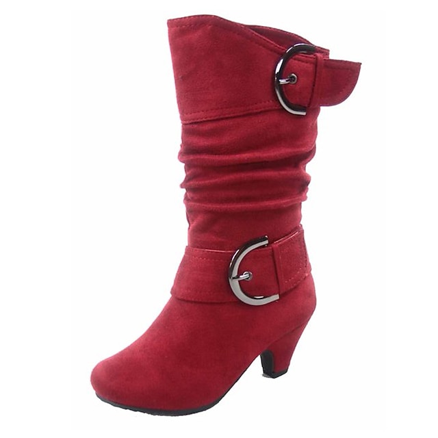 Women's Red Suede Slouchy Knee-High Boots with Buckle Detail and Mid ...