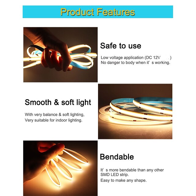 5M DC 12V LED COB Strip Light 8MM High Density Linear Lighting 320LEDs ...