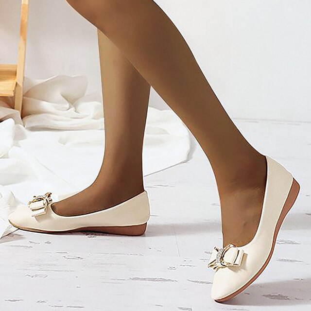 Women's White Pointed-Toe Ballet Flats with Bow and Metal Accent ...
